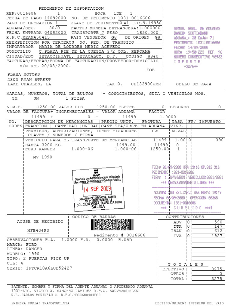 Pedimento de Importación Vehicular | PDF