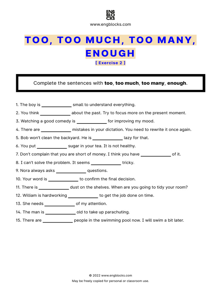 Too Too Much Too Many Enough Exercise 2 | PDF