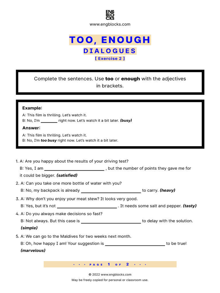 Too Vs Enough Dialogues Exercise 2 | PDF