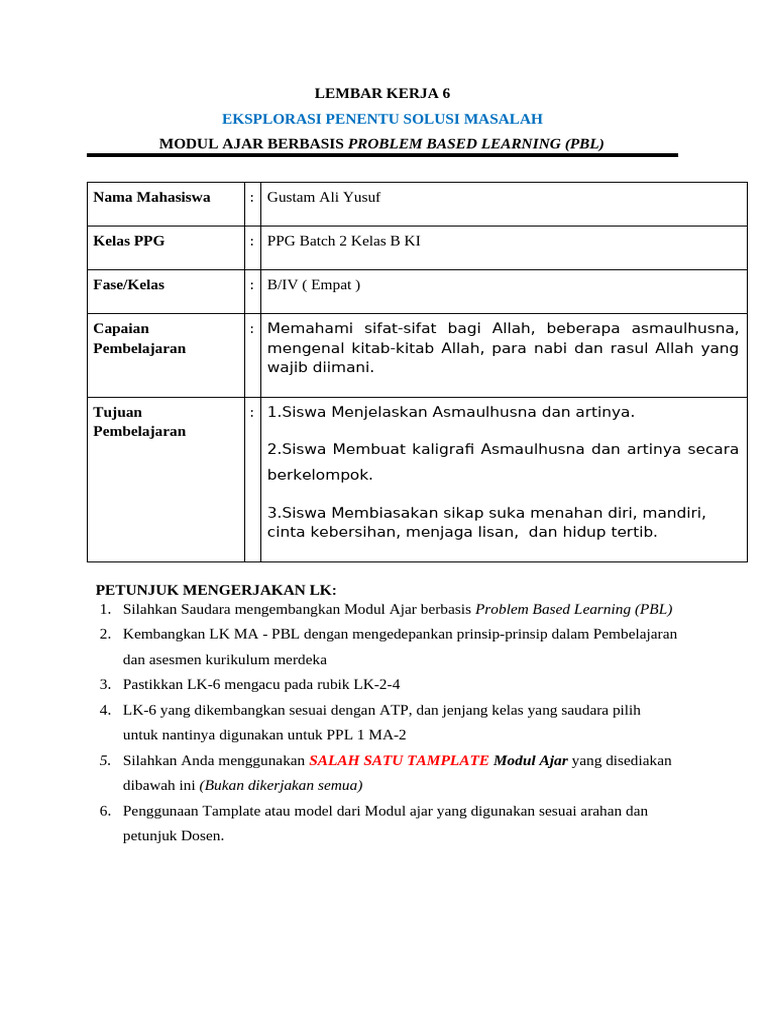 LK 6 - Penyusunan Modul Ajar PBL (K1) | PDF