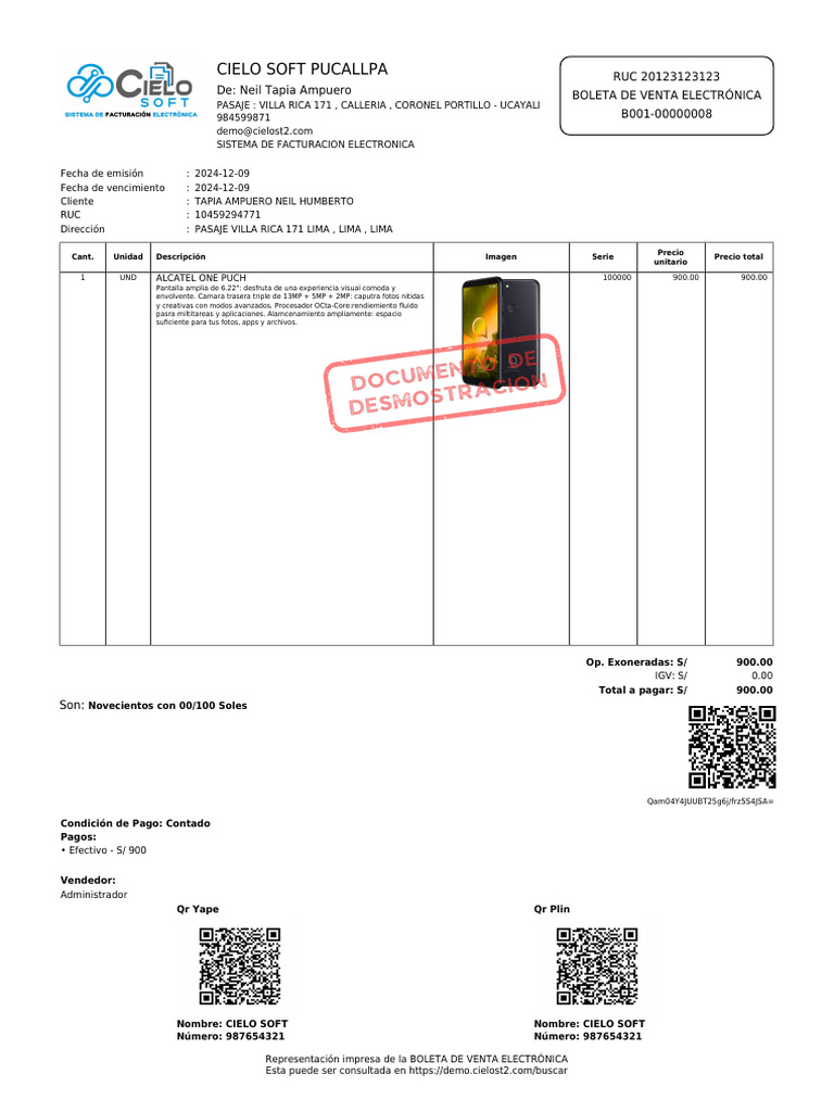 Cielo Soft Pucallpa: De: Neil Tapia Ampuero RUC 20123123123 Boleta de Venta Electrónica B001 ...