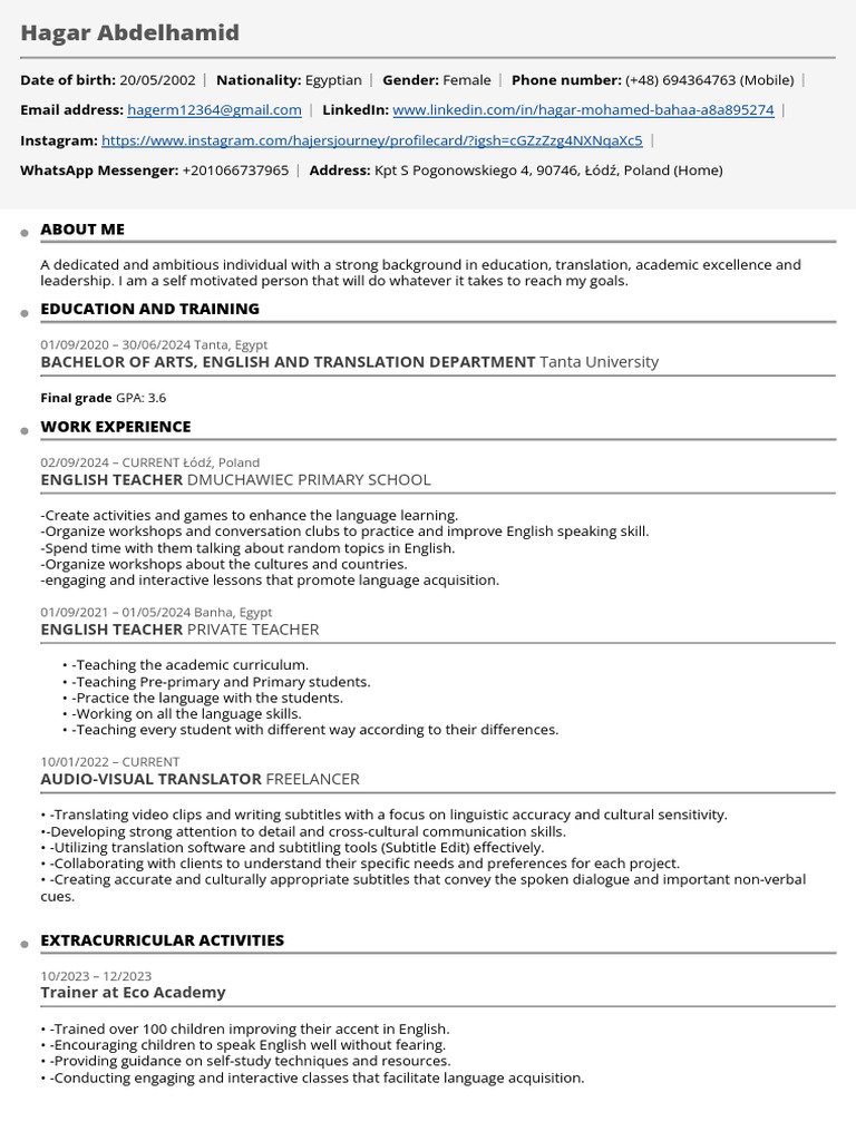 Hagar Abdelhamid: English Teacher Profile | PDF | English As A Second ...