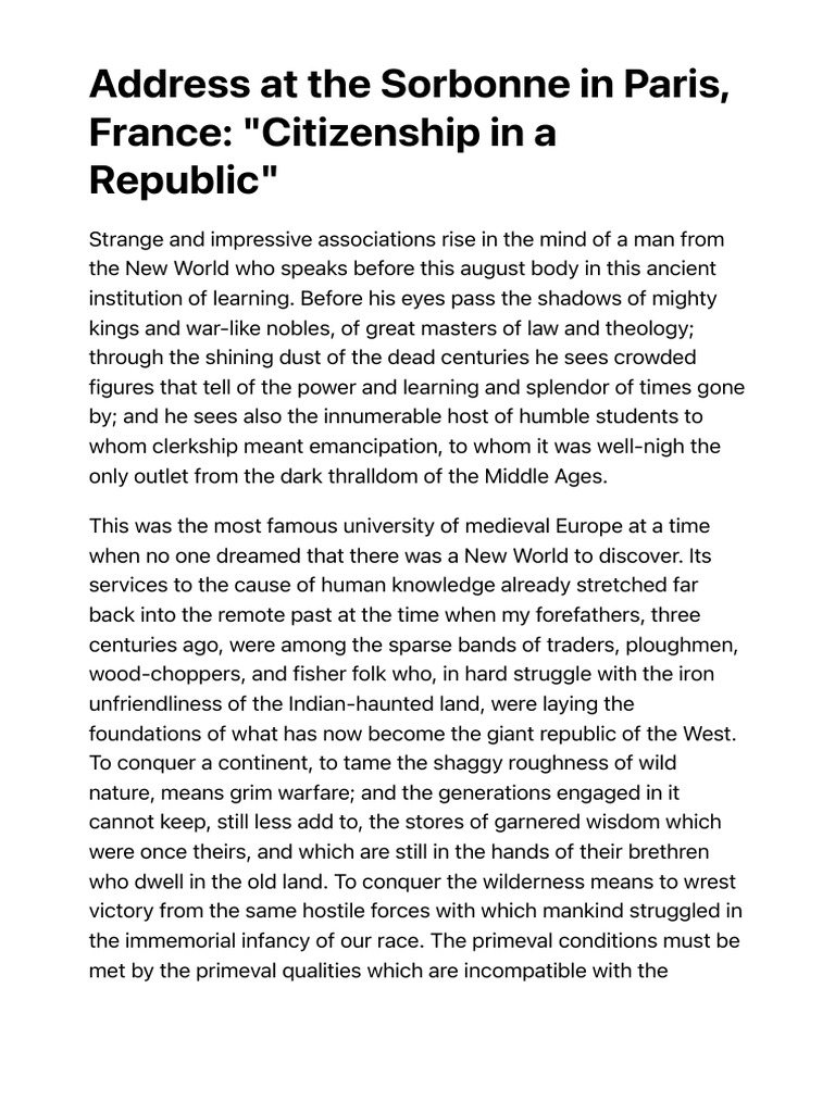 Theodore Roosevelt, Address at the Sorbonne in Paris, France ...
