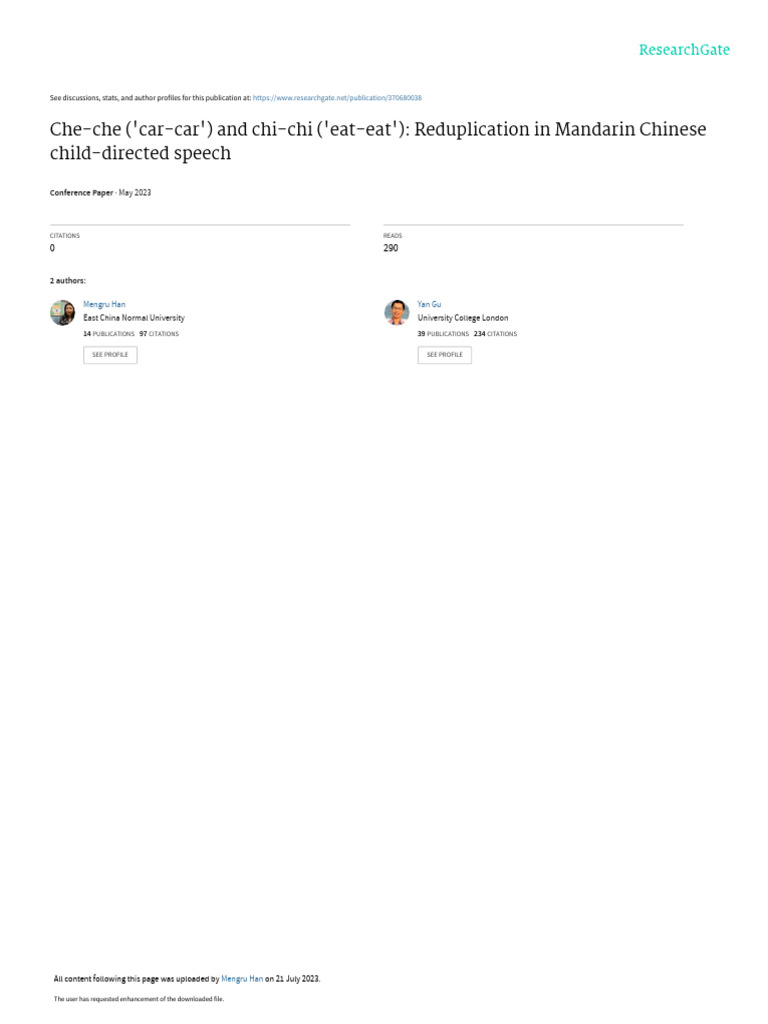 Che-che ('Car-car') and Chi-chi ('Eat-eat'): Reduplication in Mandarin ...