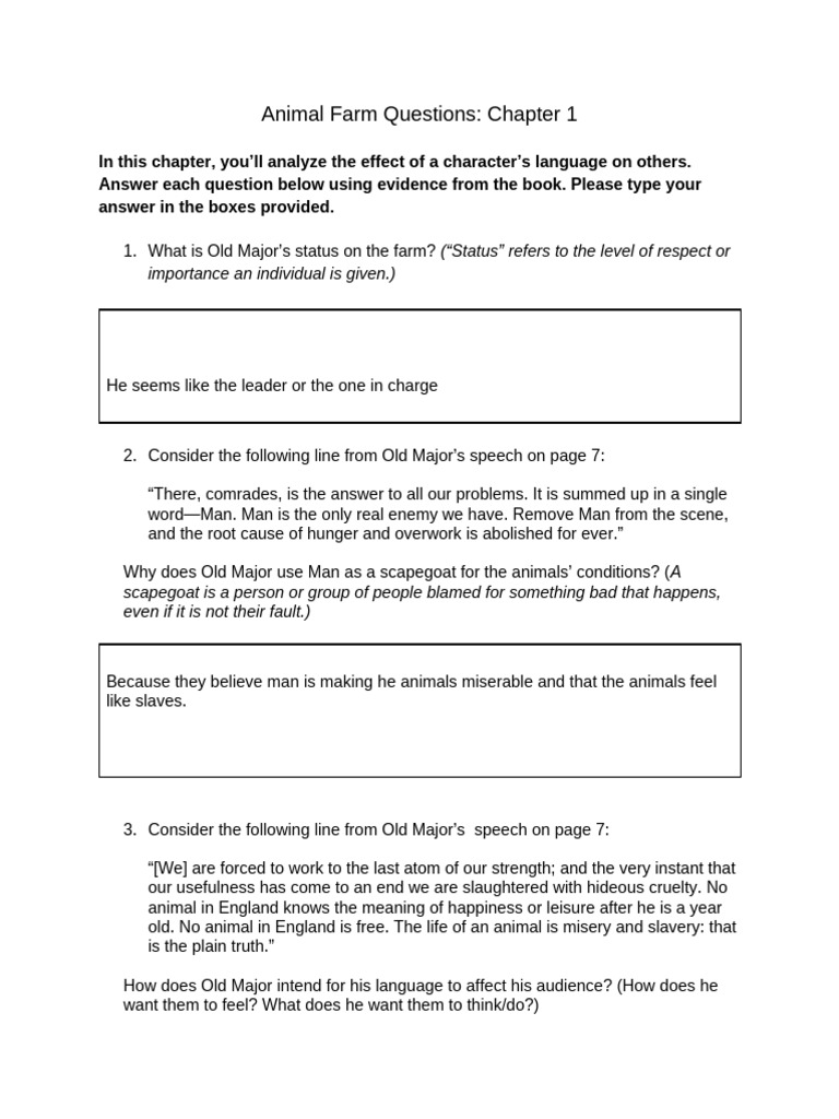 Animal Farm Questions - Chapter 1 | PDF