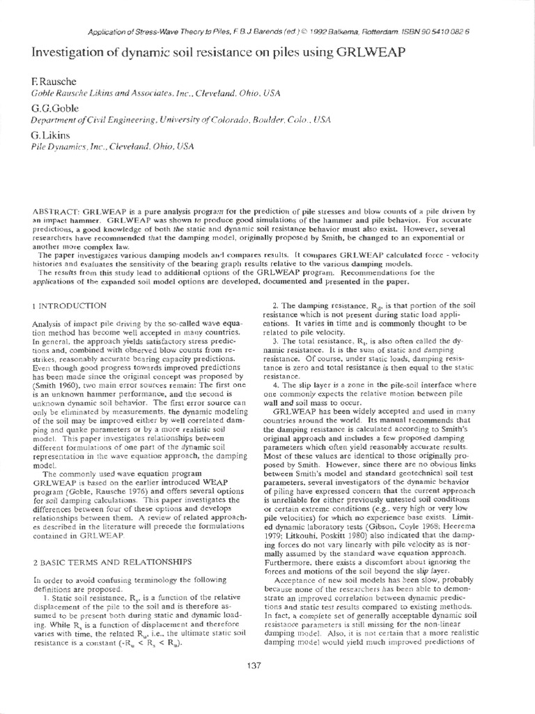 Investigation of Dynamic Soil Resistance On Piles Using GRLWEAP | PDF