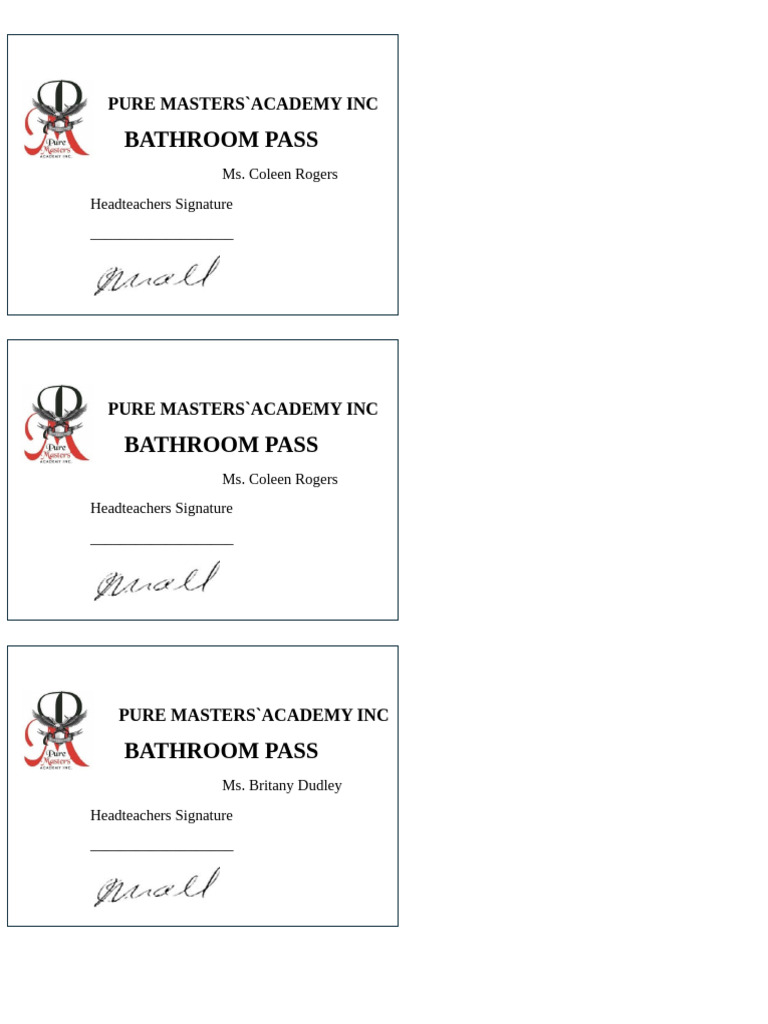 Pure Masters Academy Bathroom Pass | PDF