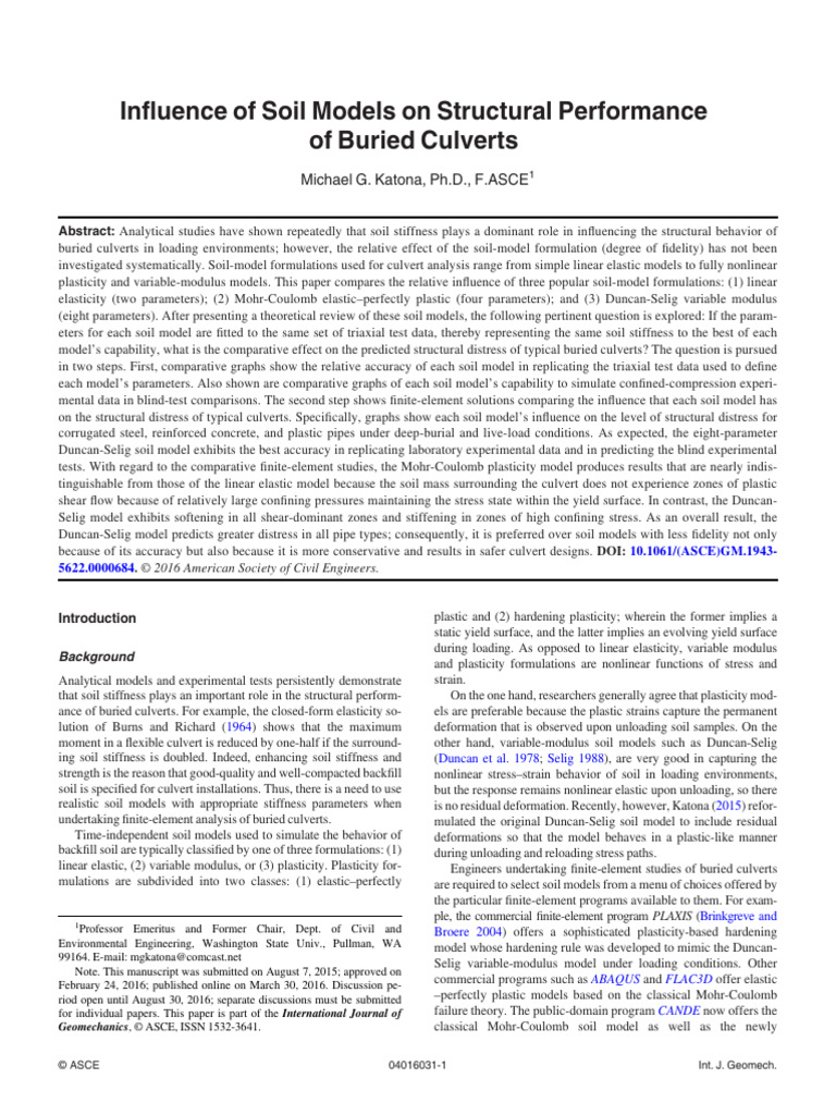 Influence of Soil Models on Structural Performance of Buried Culverts - Katona 2017 | PDF ...