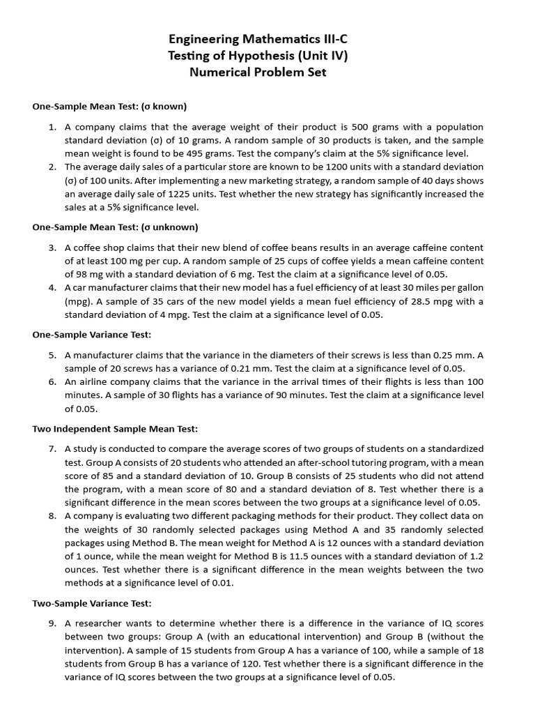 Testing of Hypothesis - Problem Set | PDF | Variance | Standard Deviation
