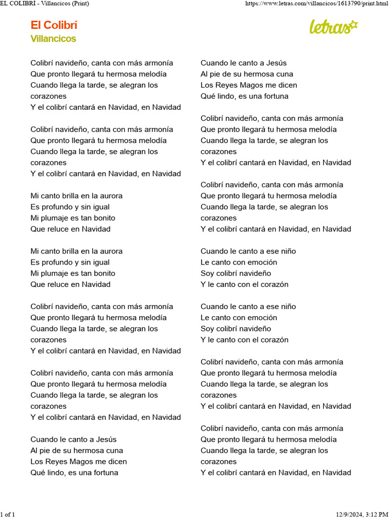 El Colibrí | PDF | Navidad | Villancicos