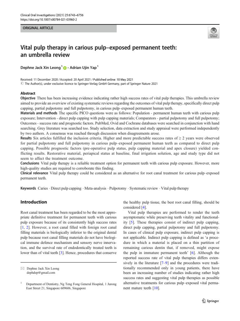 Vital Pulp Therapy Outcomes Review | PDF | Dentistry Branches | Medical ...
