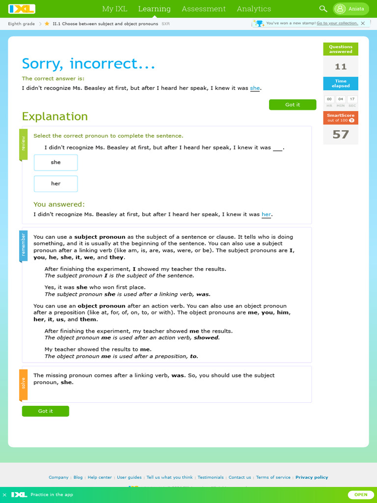 IXL Choose Between Subject and Object Pronouns 8th Grade Language Arts ...