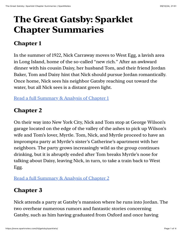 The Great Gatsby: Sparklet Chapter Summaries - SparkNotes | PDF | The ...