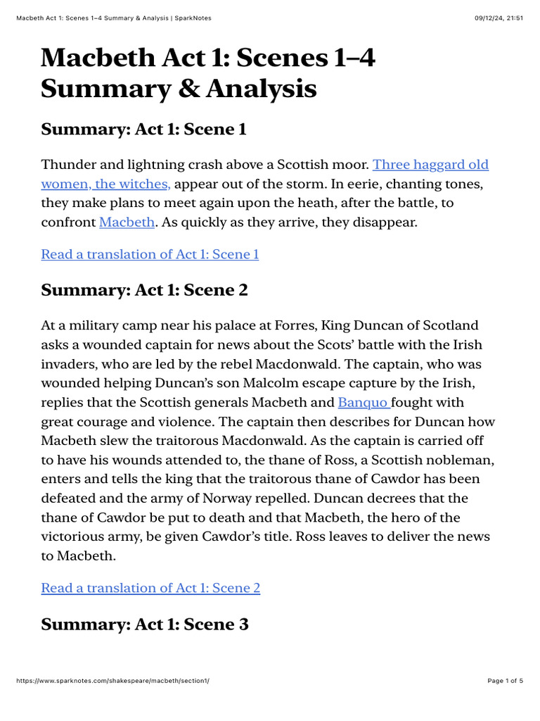 Macbeth Act 1: Scenes 1-4 Summary & Analysis - SparkNotes | PDF | Macbeth