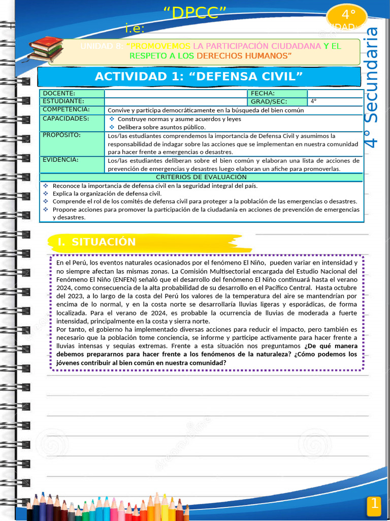 4° DPCC - Actv.01-Unid.8 2023 | PDF | Defensa Civil
