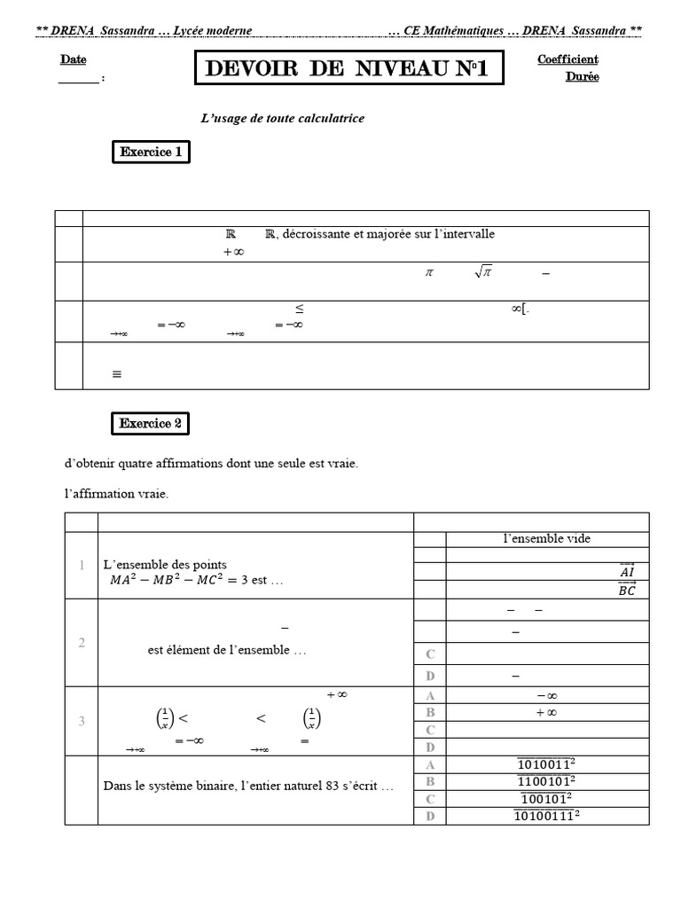 Devoir de Niveau 1 - 2025 Tle C | PDF | Droite (mathématiques) | Nombre réel
