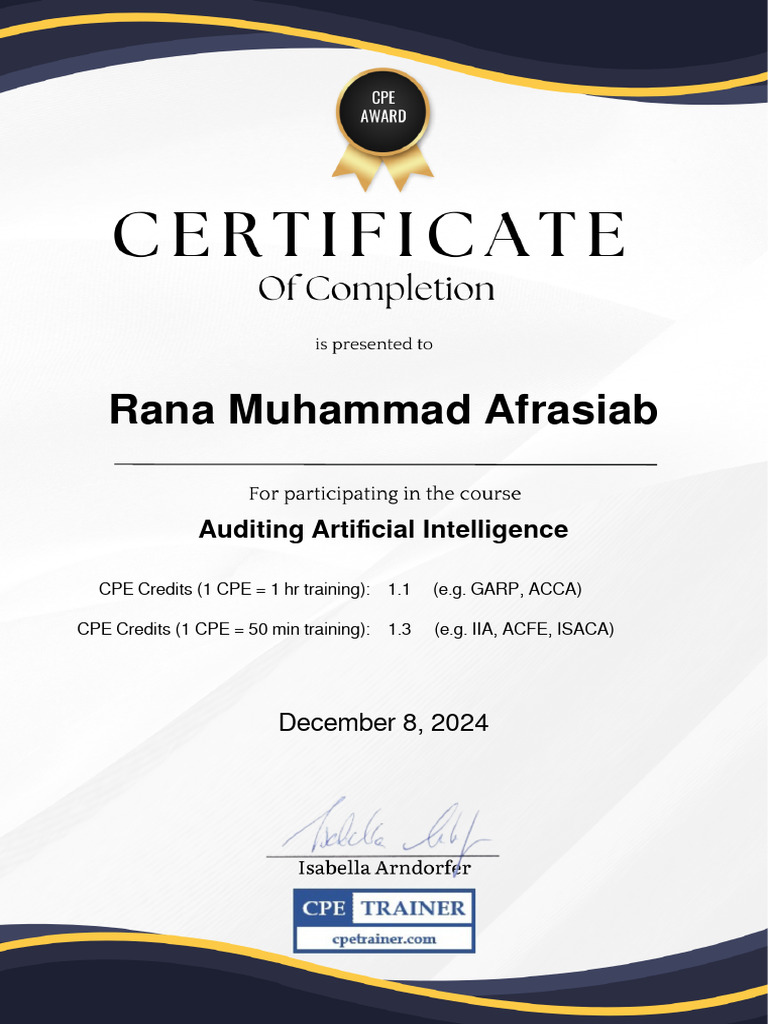 Rana.afrasiab 1166 Auditing Artificial Intelligence 1.1 CPE New Modern Certificate CPETrainer ...