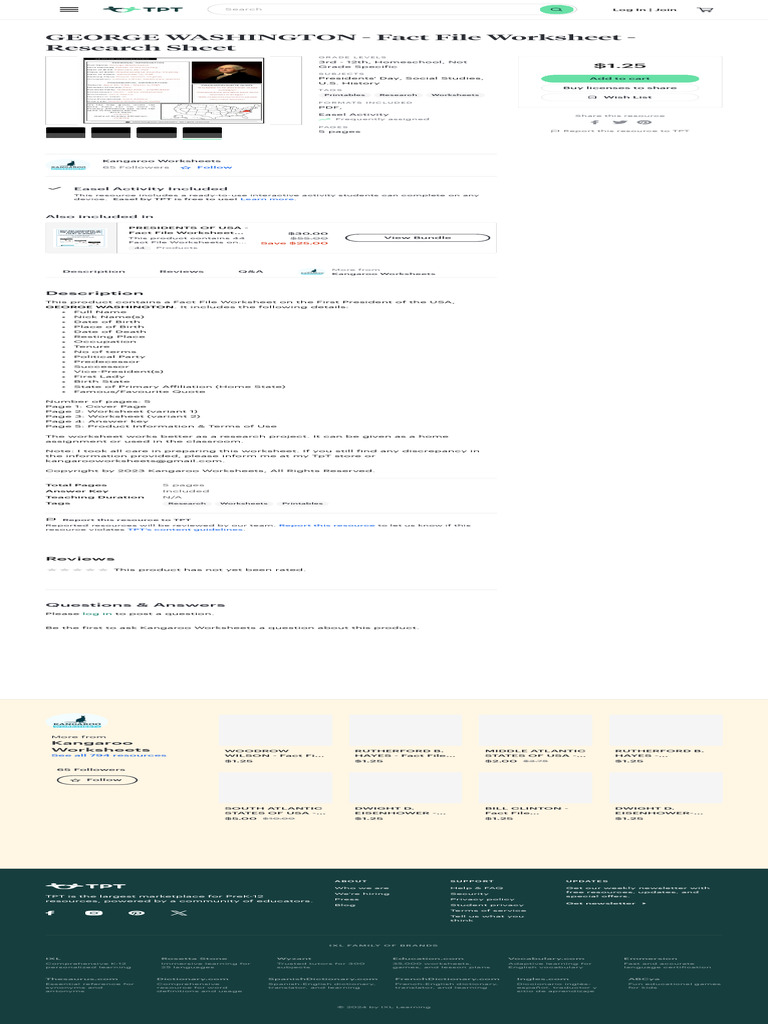 GEORGE WASHINGTON - Fact File Worksheet - Research Sheet by Kangaroo ...