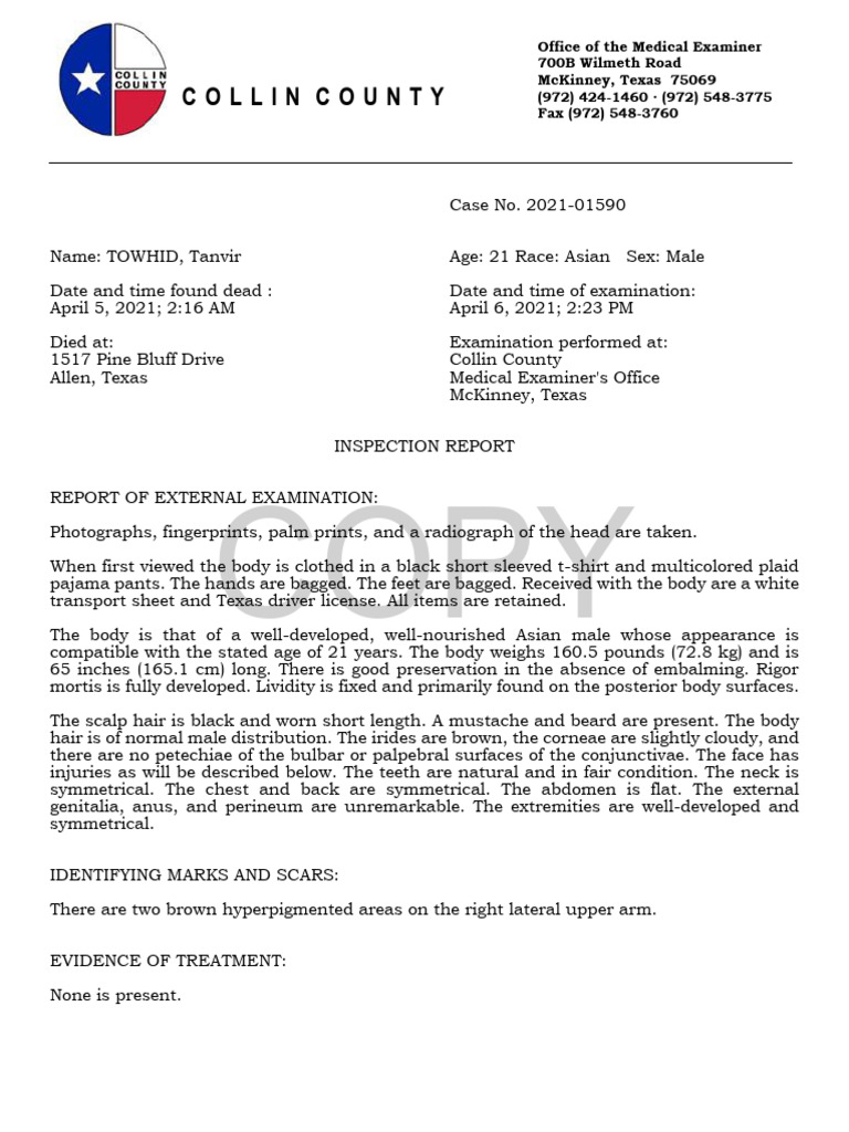 Tanvir Towhid Autopsy Report Summary | PDF