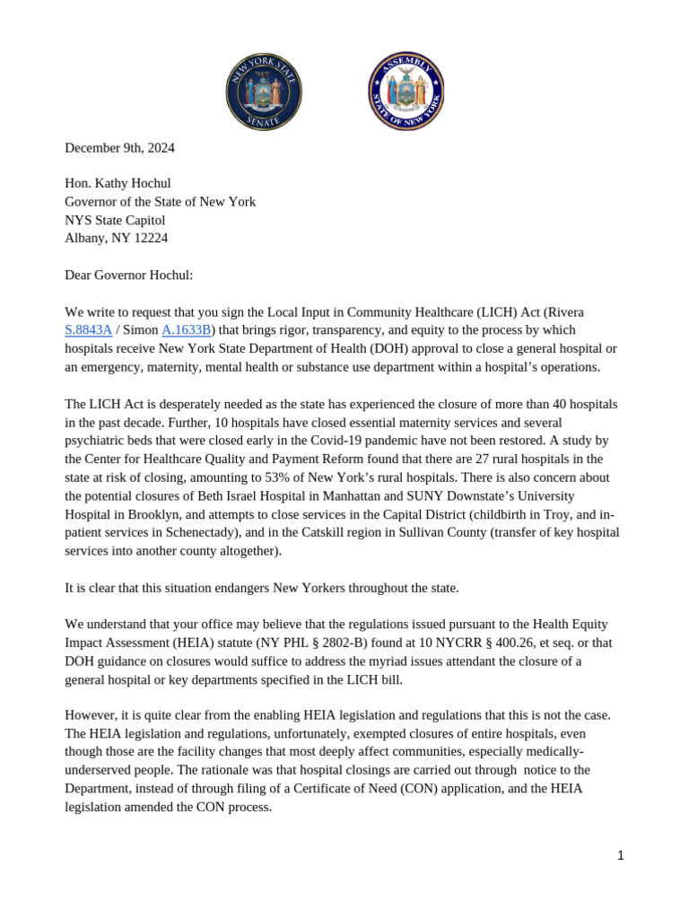 LTR To Hochul Sign LICH Act | PDF | Health Care