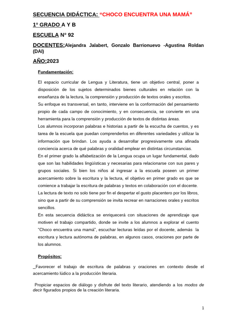 Secuencia Didactica N°3 de Lengua - Choco Encuentra Una Mamá | PDF ...
