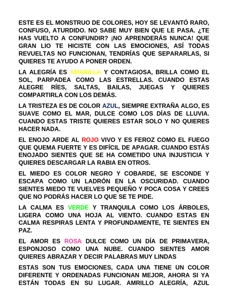 Cuento El Monstruo de Colores | PDF