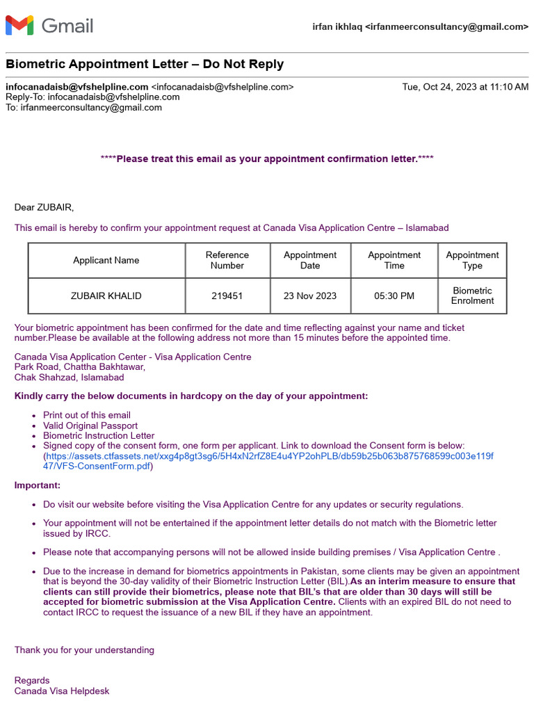 Canada Visa Biometric Appointment | PDF | Government And Personhood