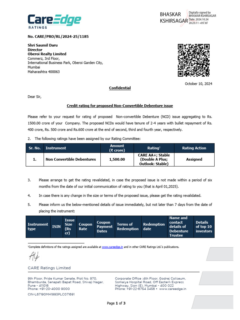 NCD Credit Rating Letter - 20241024211108 | PDF | Banks
