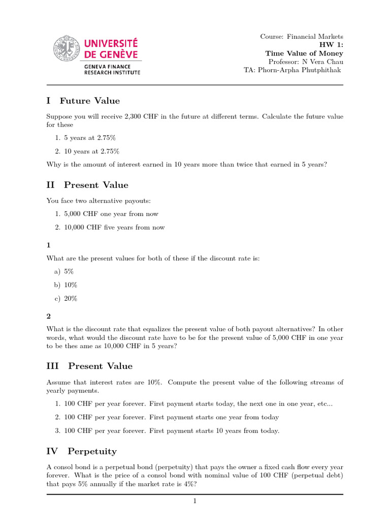 HW 1 | PDF | Present Value | Discounting