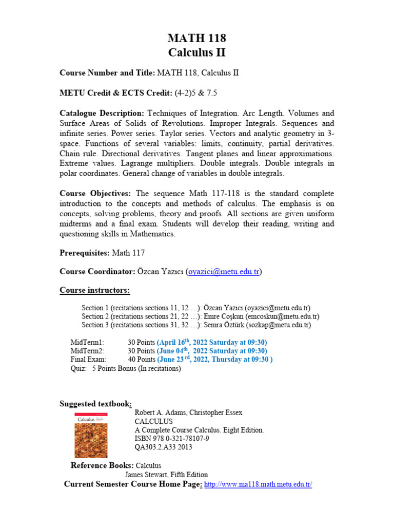 MATH 118_Syllabus | PDF | Derivative | Integral