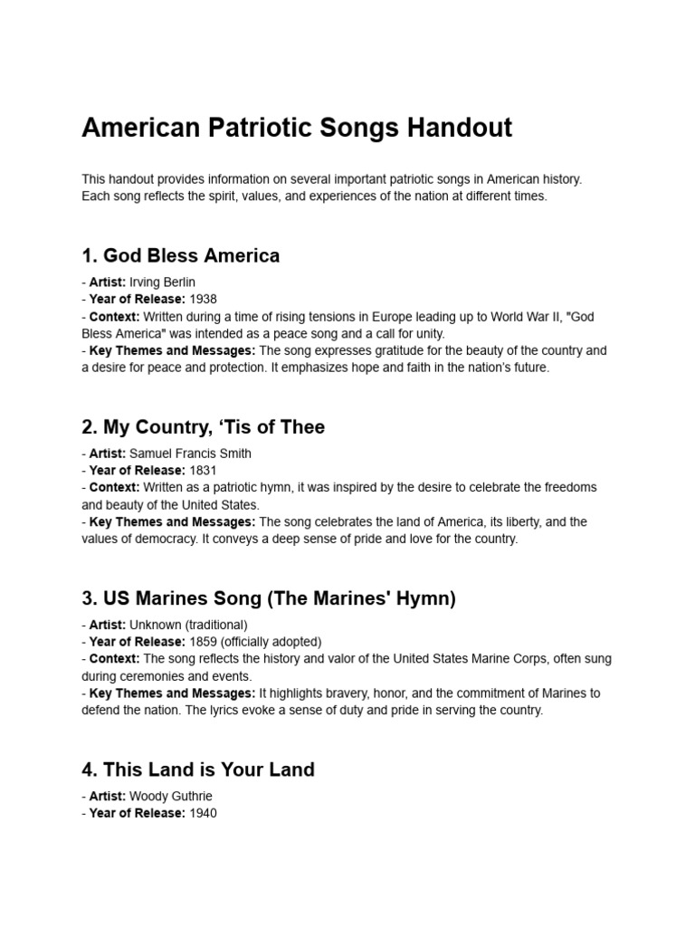 American Patriotic Songs Handout | PDF
