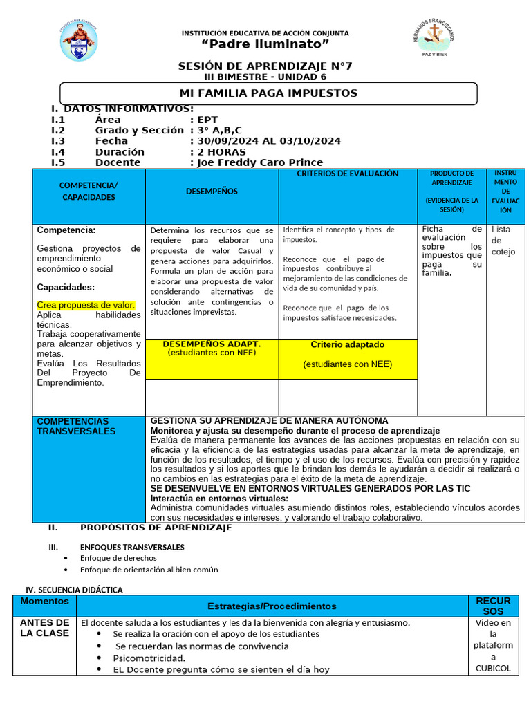 Sesión de Ept Del 30 Al 03 de Octubre 3° A. B. C Freddy Caro | PDF | Aprendizaje | Evaluación
