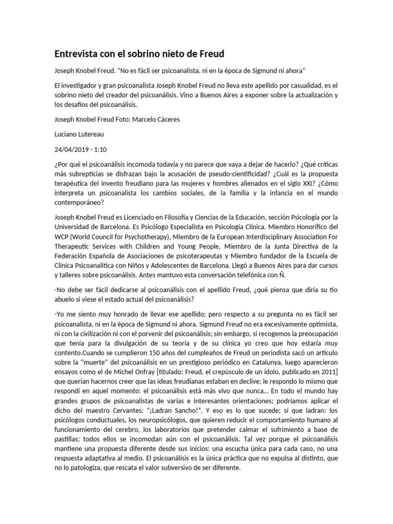Entrevista a Joseph Knobel Freud | PDF | Psicoanálisis | Sigmund Freud