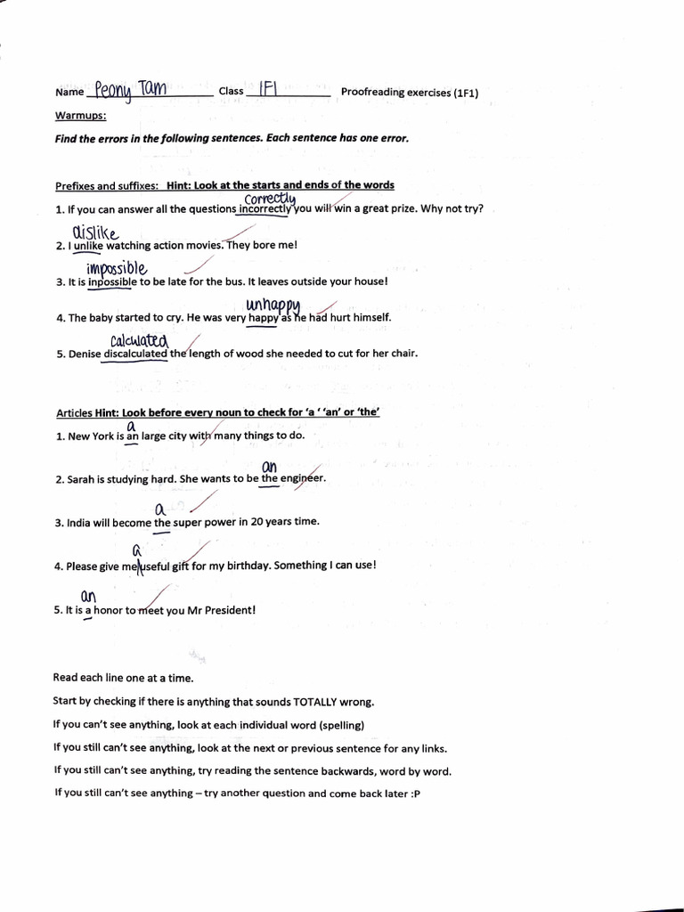 English Proofreading Exercise For F1 | PDF | Linguistics | Linguistic ...