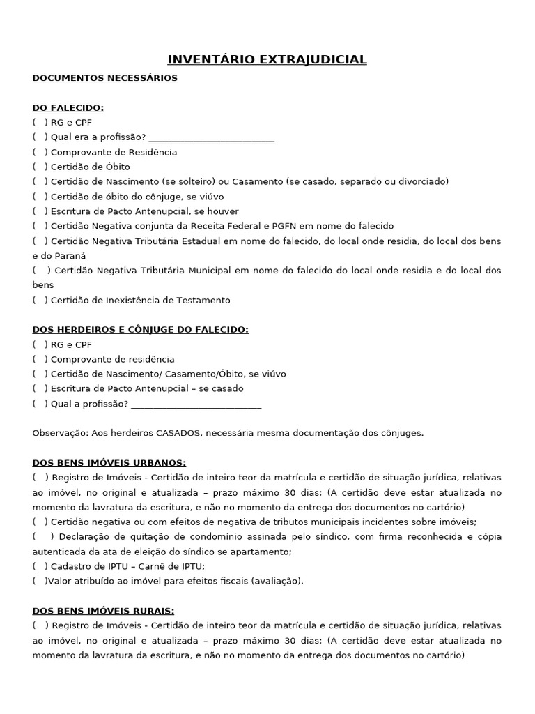 Lista Documentos Inventário Extrajudicial | PDF