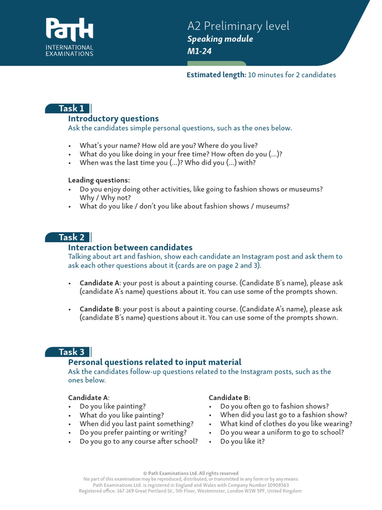4. A2 Preliminary - Speaking module (M1-24) | PDF