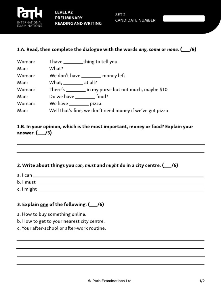 A2 PRELIMINARY - SET 2 - Reading and Writing | PDF