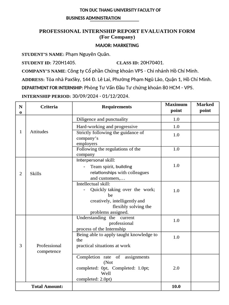 7 Professional Internship Period Evaluation Form (For Company) | PDF ...