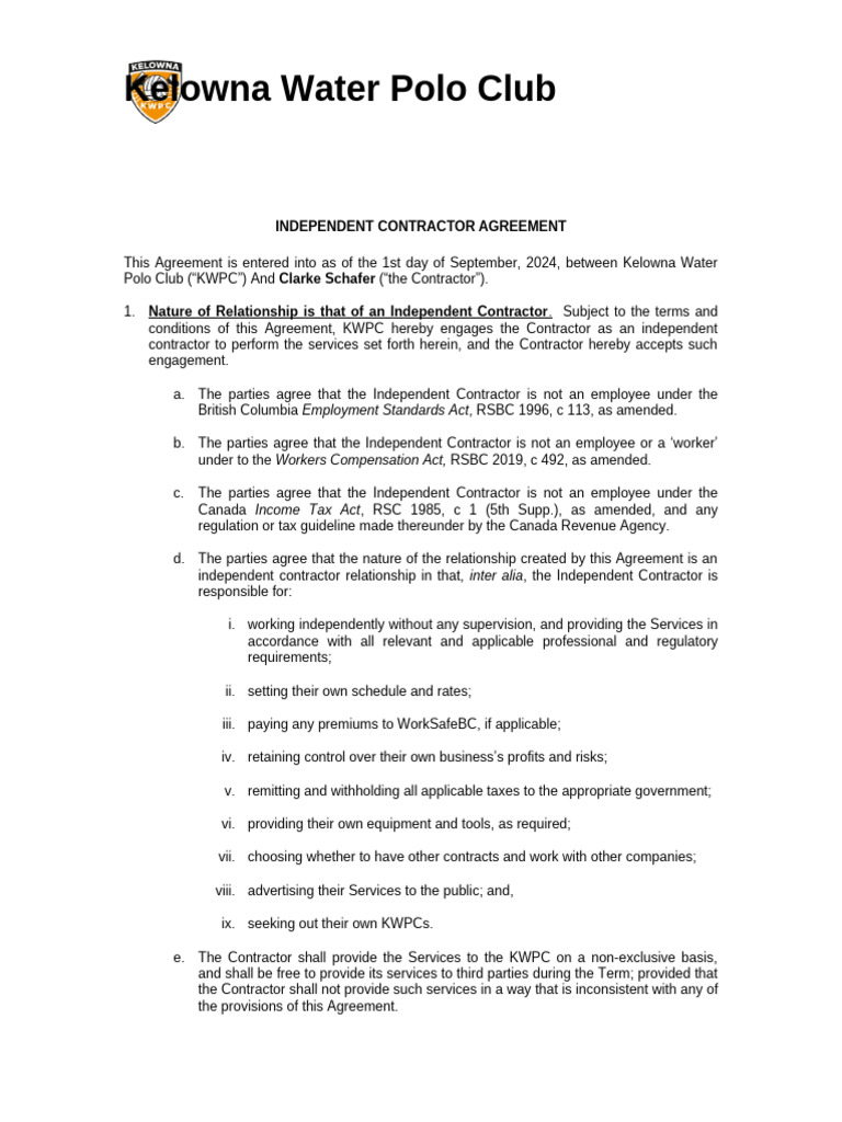 Clarke Schafer KWPC Contract 2024 | PDF | Employment | Indemnity