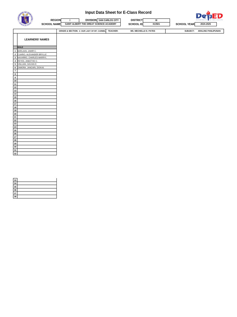 Class Record for Grade 2 - 2024-2025 | PDF