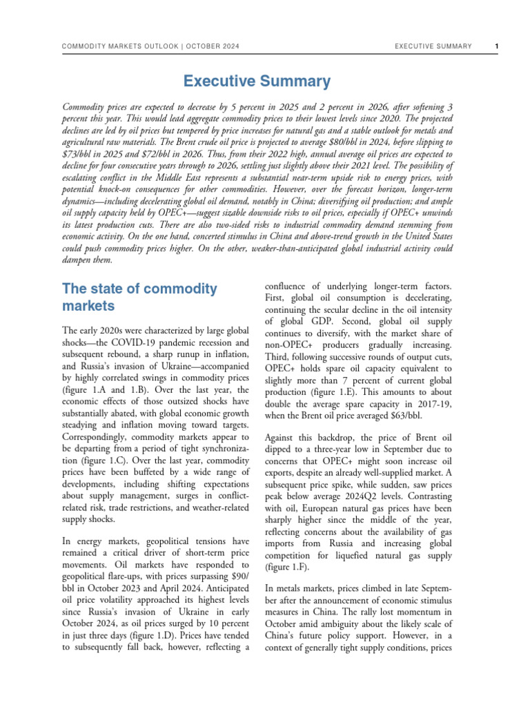 CMO October 2024 Executive Summary | PDF | Price Of Oil | Opec