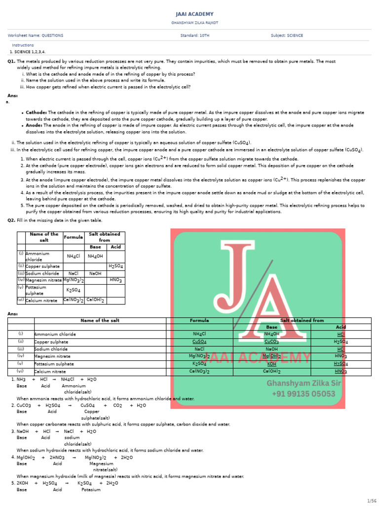 QUESTIONS - 10TH-SCIENCE-Answersheet | PDF | Chemical Compounds ...