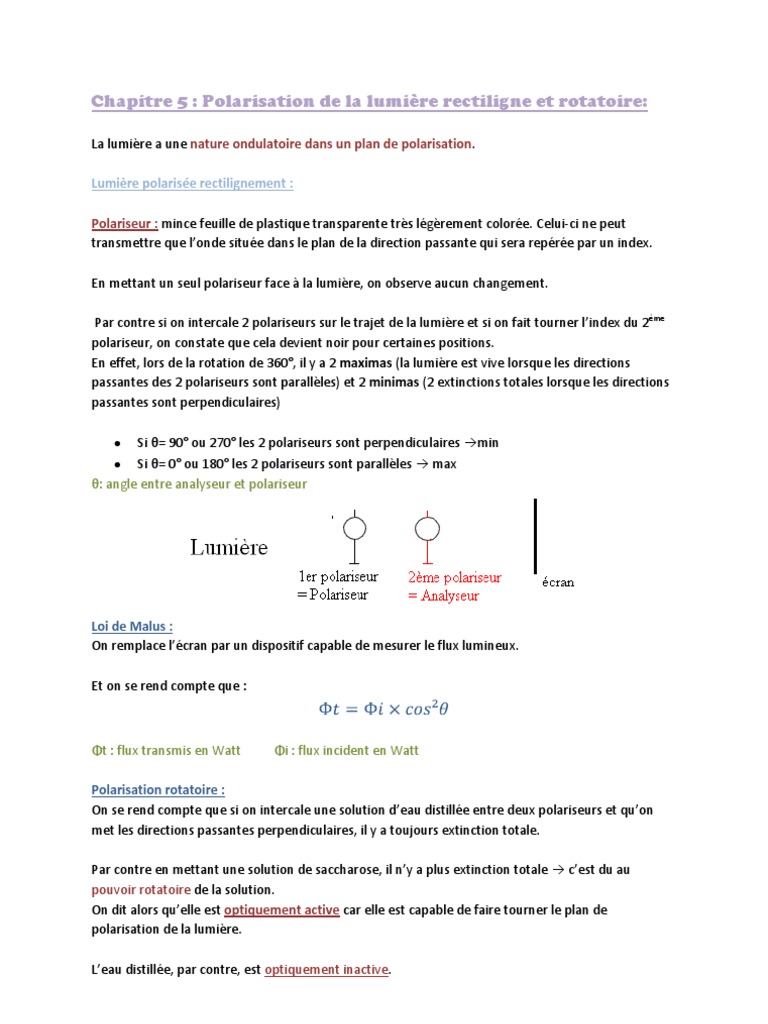 Chapitre 5 Polarisation de La Lumière Rectiligne Et Rotatoire | PDF ...
