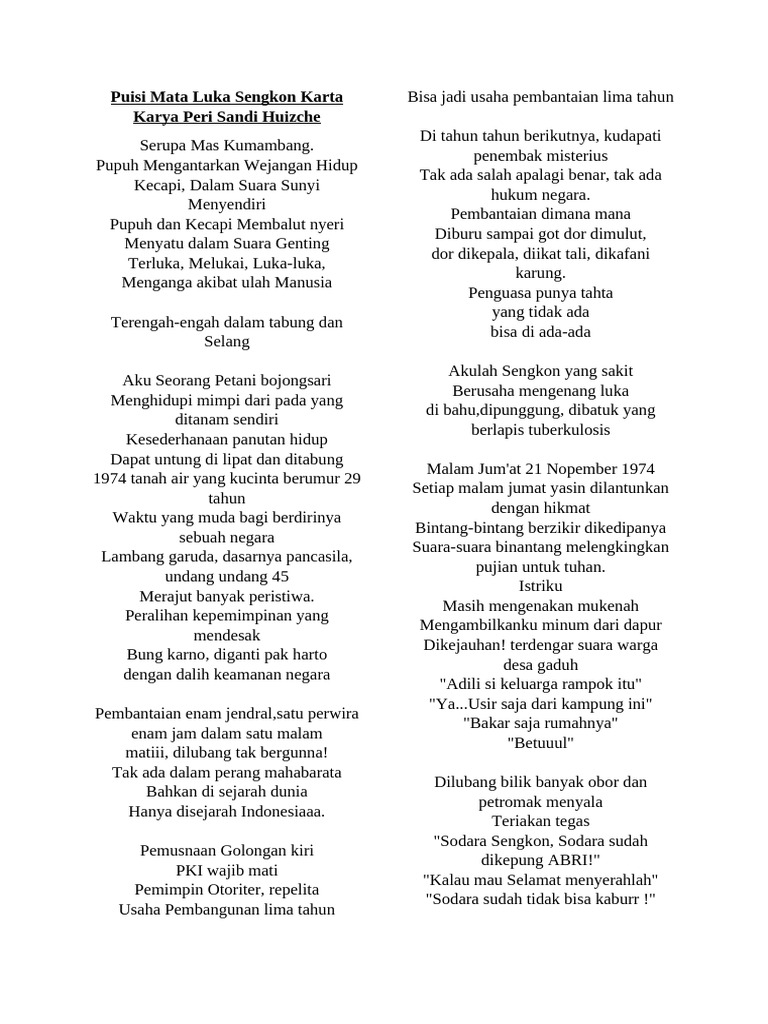 Puisi Mata Luka Sengkon Karta Karya Peri Sandi Huizche | PDF