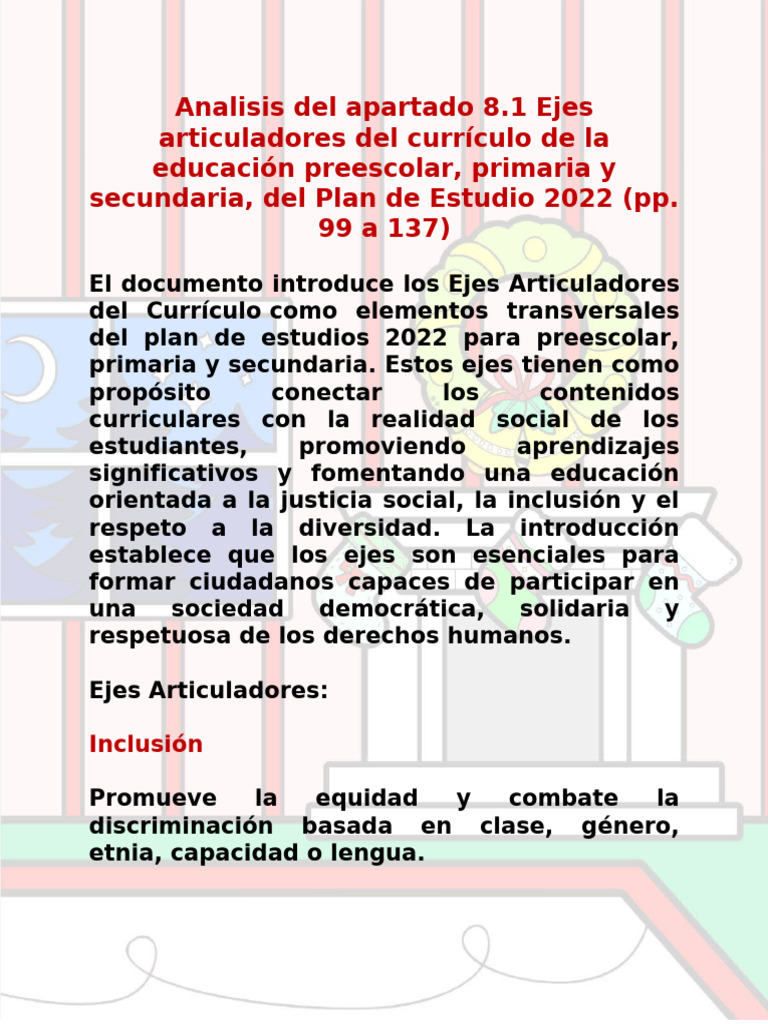 Ejes Articuladores en El Plan de Estudio | PDF | Plan de estudios | Inclusión (Educación)