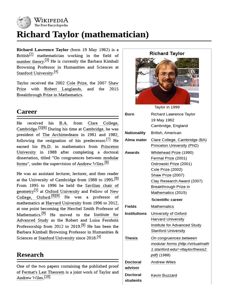 Richard Taylor (Mathematician) | PDF | Number Theory | Mathematics