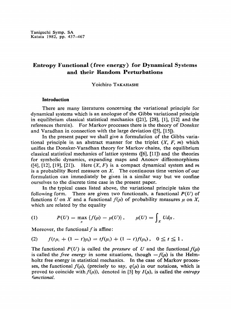 1982 Entropy Functional (Free Energy) For Dynamical Systems and Their Random Perturbations | PDF ...