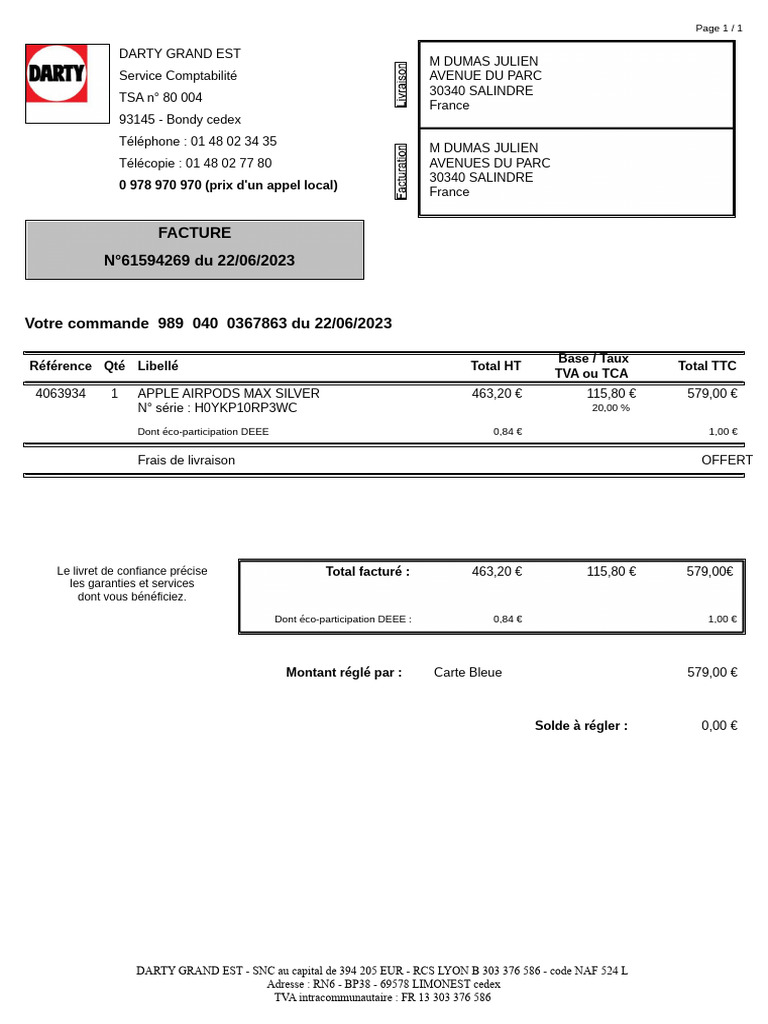 Facture Darty N°61594269 du 22/06/2023 | PDF | Services (Économie ...