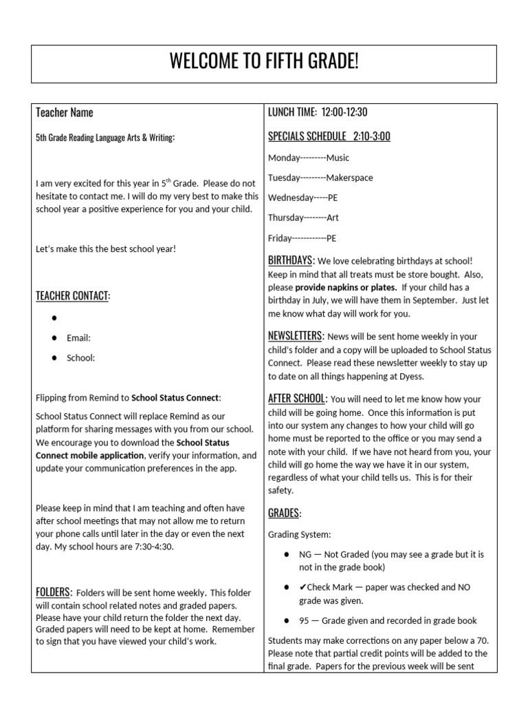 5th Grade Welcome Page | PDF