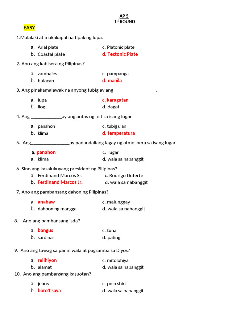 AP QUIZ BEE 2nd Round G.5-6 ANSWERS | PDF